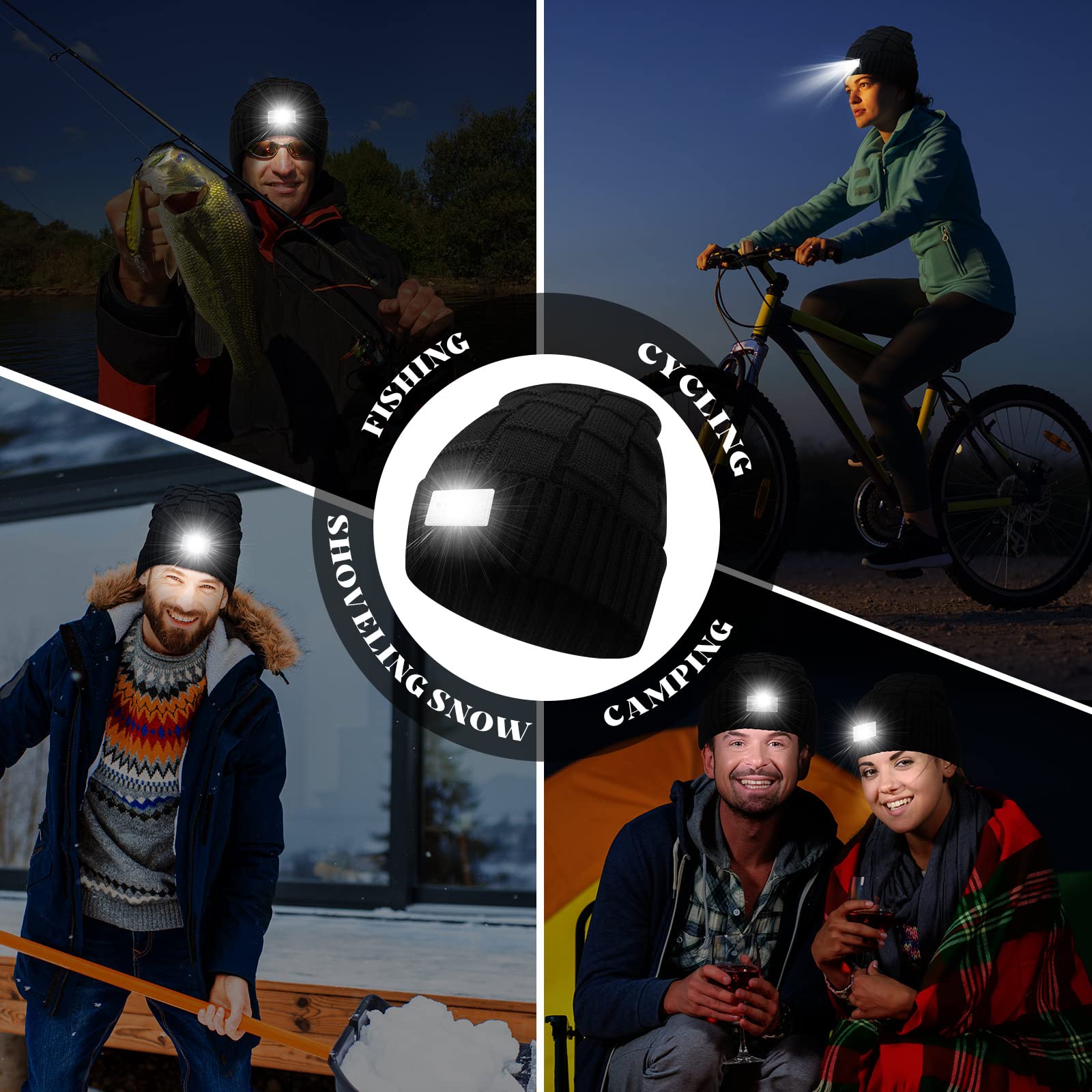 2 Pcs Beanie with Light 5 LED Beanie Hat Cool Stuff for Men Cool Camping Gadgets for Women Adult Knitted LED Stocking Cap Headlamp Winter Hat Christmas Stocking Stuffers Gifts, Battery Powered