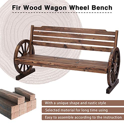 J-SUN-7 Outdoor Rustic Bench 2-Person Wood Wagon Wheel Bench with Backrest Wood Patio Bench for Backyard, Garden