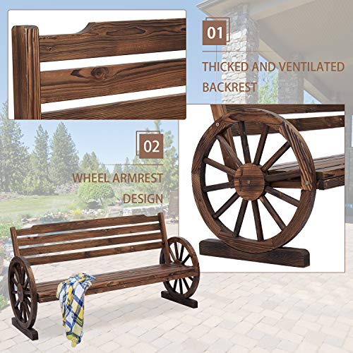 J-SUN-7 Outdoor Rustic Bench 2-Person Wood Wagon Wheel Bench with Backrest Wood Patio Bench for Backyard, Garden