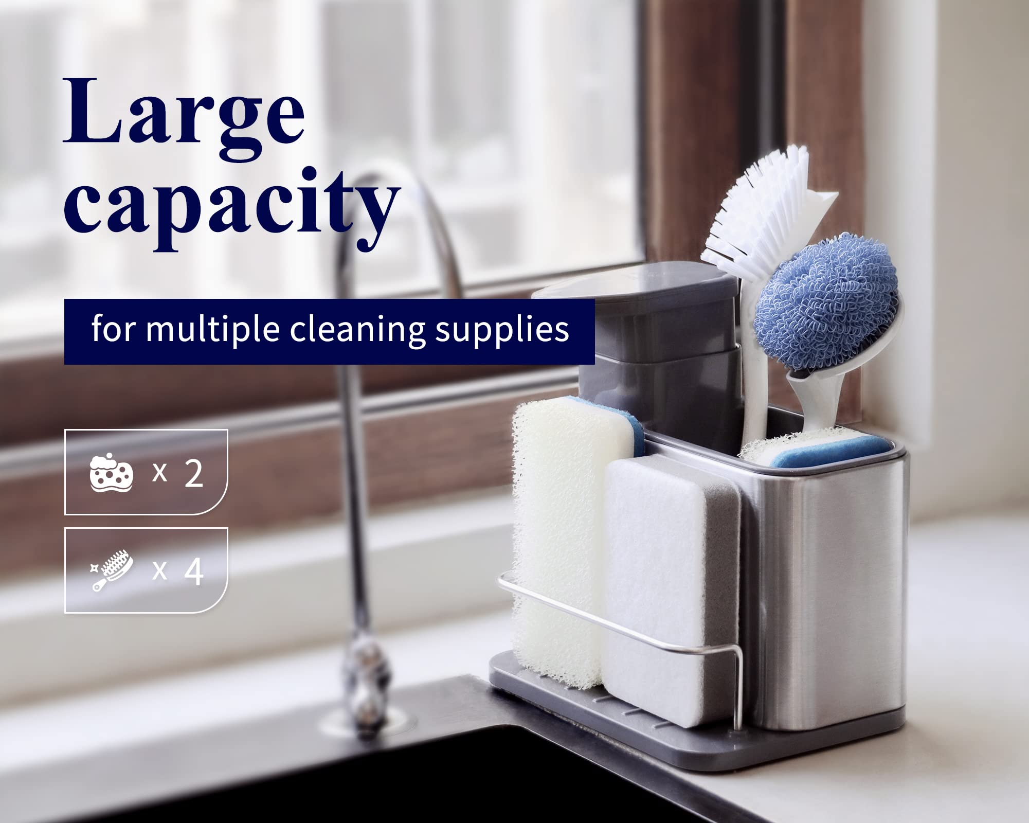 Kitsure Sponge Holder, Detachable Sink Caddy and Kitchen Sink Sponge Holder, Easy-to-Clean Sink Caddy Kitchen Sink Organizer, Stainless and Non-Slip Dish Brush Holder with A Refillable Soap Pump