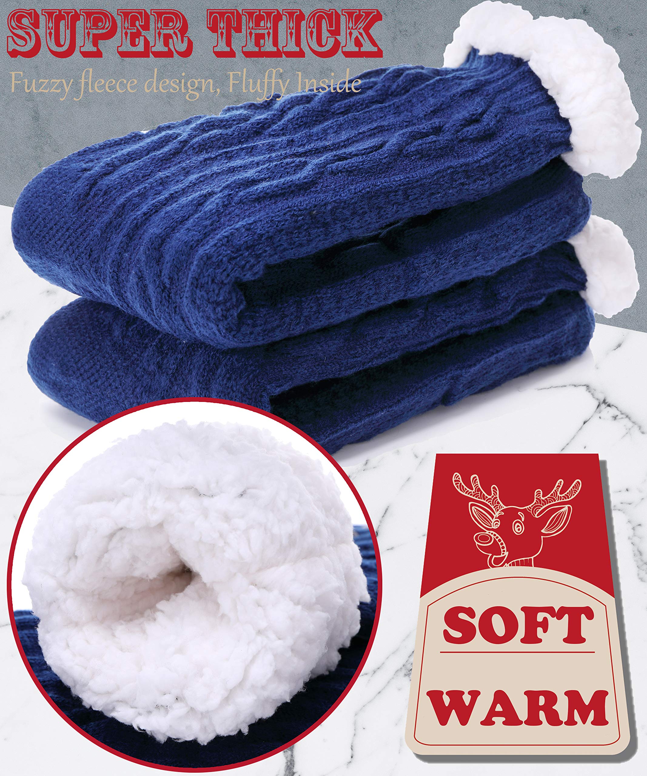 EBMORE Mens Slipper Fuzzy Socks Winter Cozy Fluffy Cabin Warm Fleece Soft Comfy Thick Non Slip Christmas Home Stocking Stuffer (Blue)