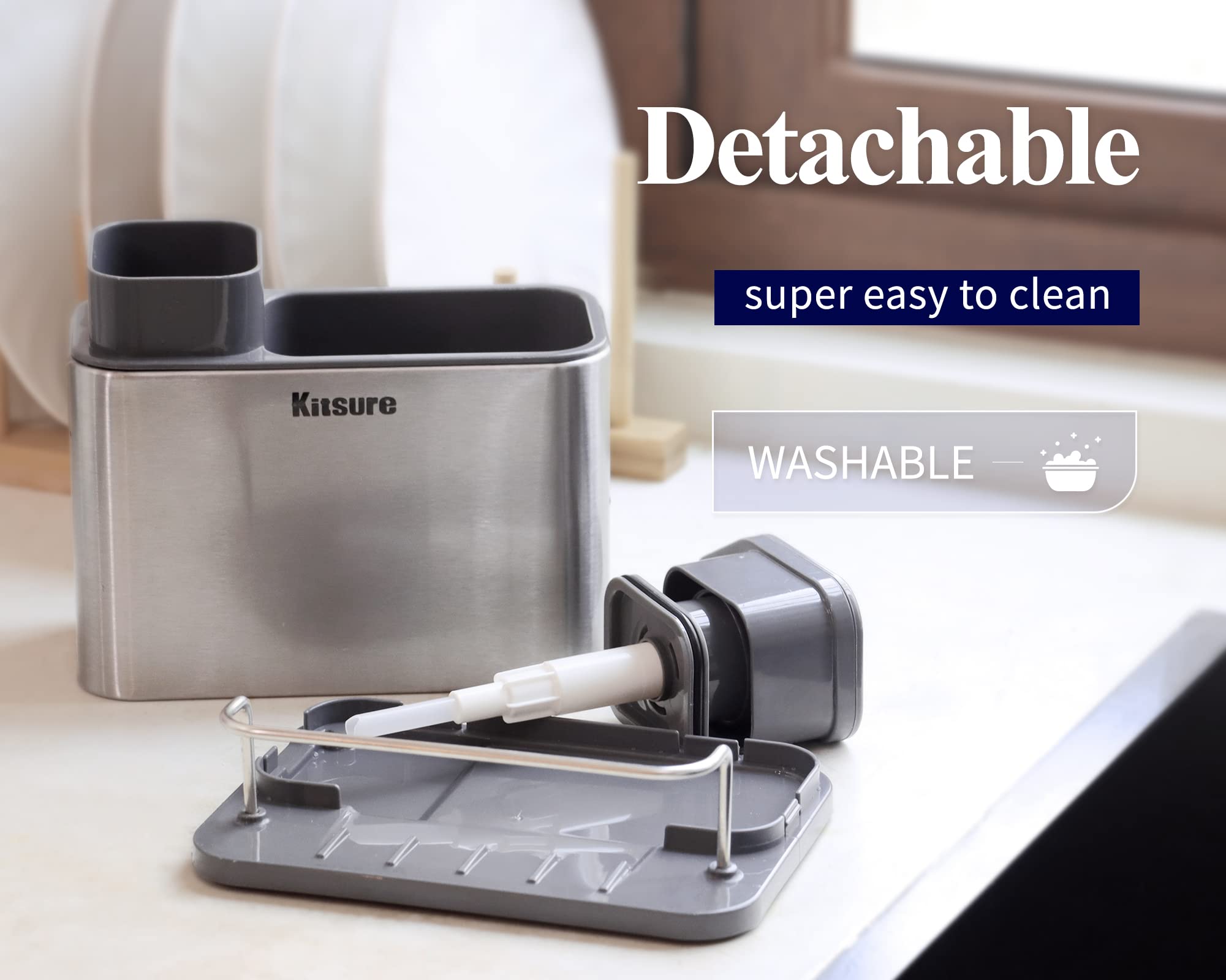 Kitsure Sponge Holder, Detachable Sink Caddy and Kitchen Sink Sponge Holder, Easy-to-Clean Sink Caddy Kitchen Sink Organizer, Stainless and Non-Slip Dish Brush Holder with A Refillable Soap Pump