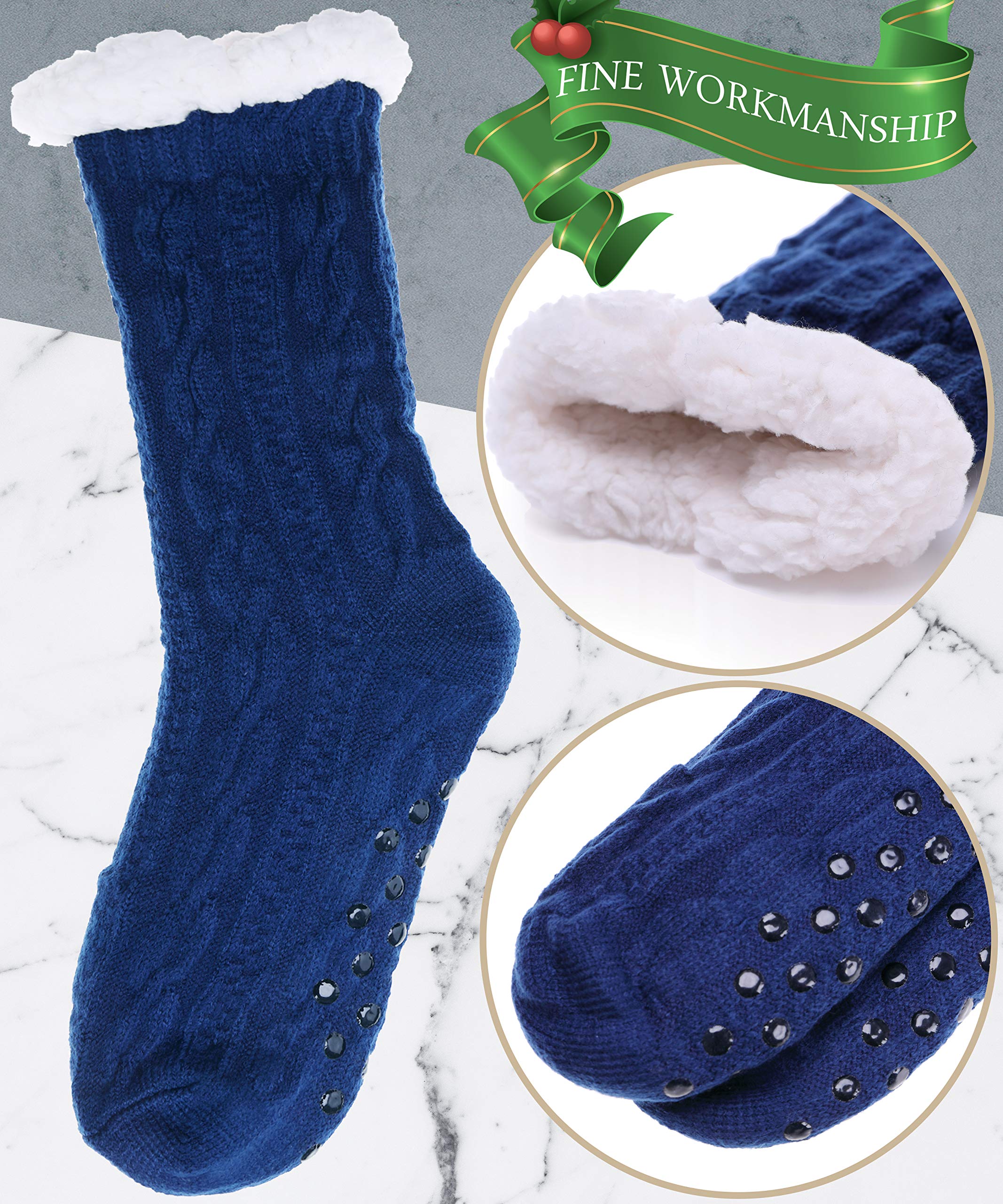 EBMORE Mens Slipper Fuzzy Socks Winter Cozy Fluffy Cabin Warm Fleece Soft Comfy Thick Non Slip Christmas Home Stocking Stuffer (Blue)