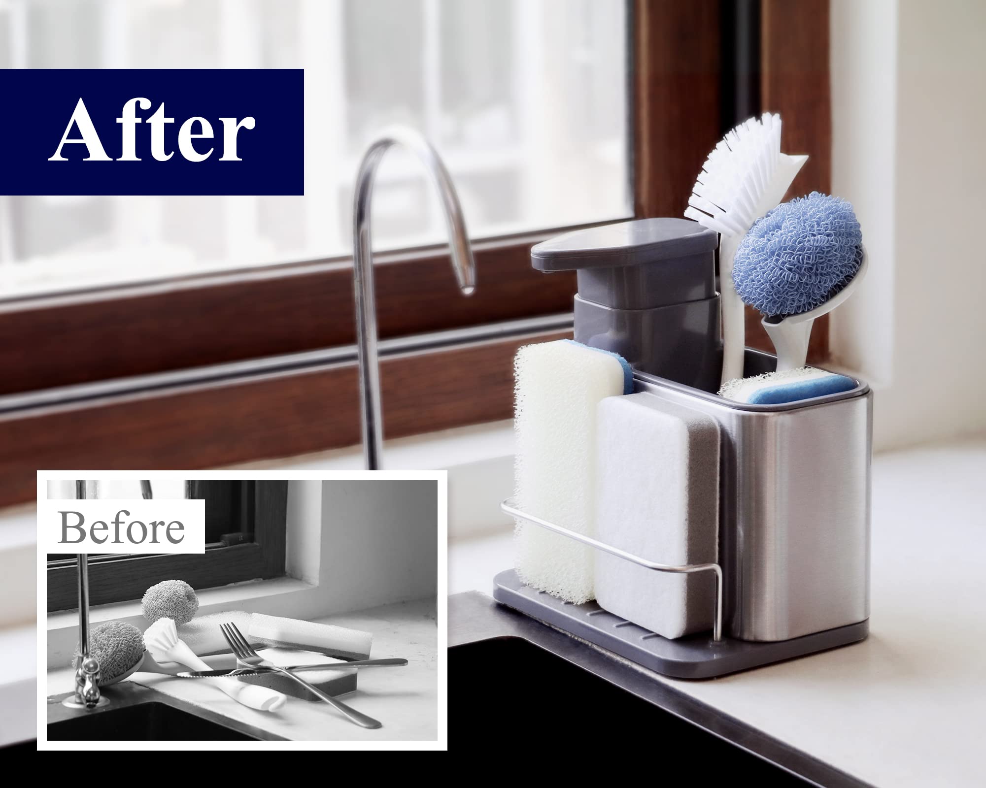 Kitsure Sponge Holder, Detachable Sink Caddy and Kitchen Sink Sponge Holder, Easy-to-Clean Sink Caddy Kitchen Sink Organizer, Stainless and Non-Slip Dish Brush Holder with A Refillable Soap Pump