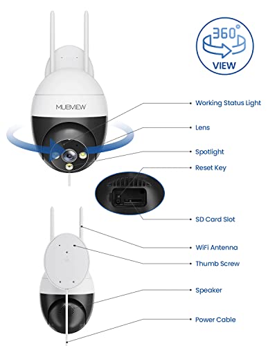 MUBVIEW 2K Security Camera Outdoor, Security Cameras with 360° PZT View, 2.4G WiFi Wired Home Surveillance Cameras, Color Night Vision, Motion Detection, Siren, 2 Way Talk, 24/7, Works with Alexa