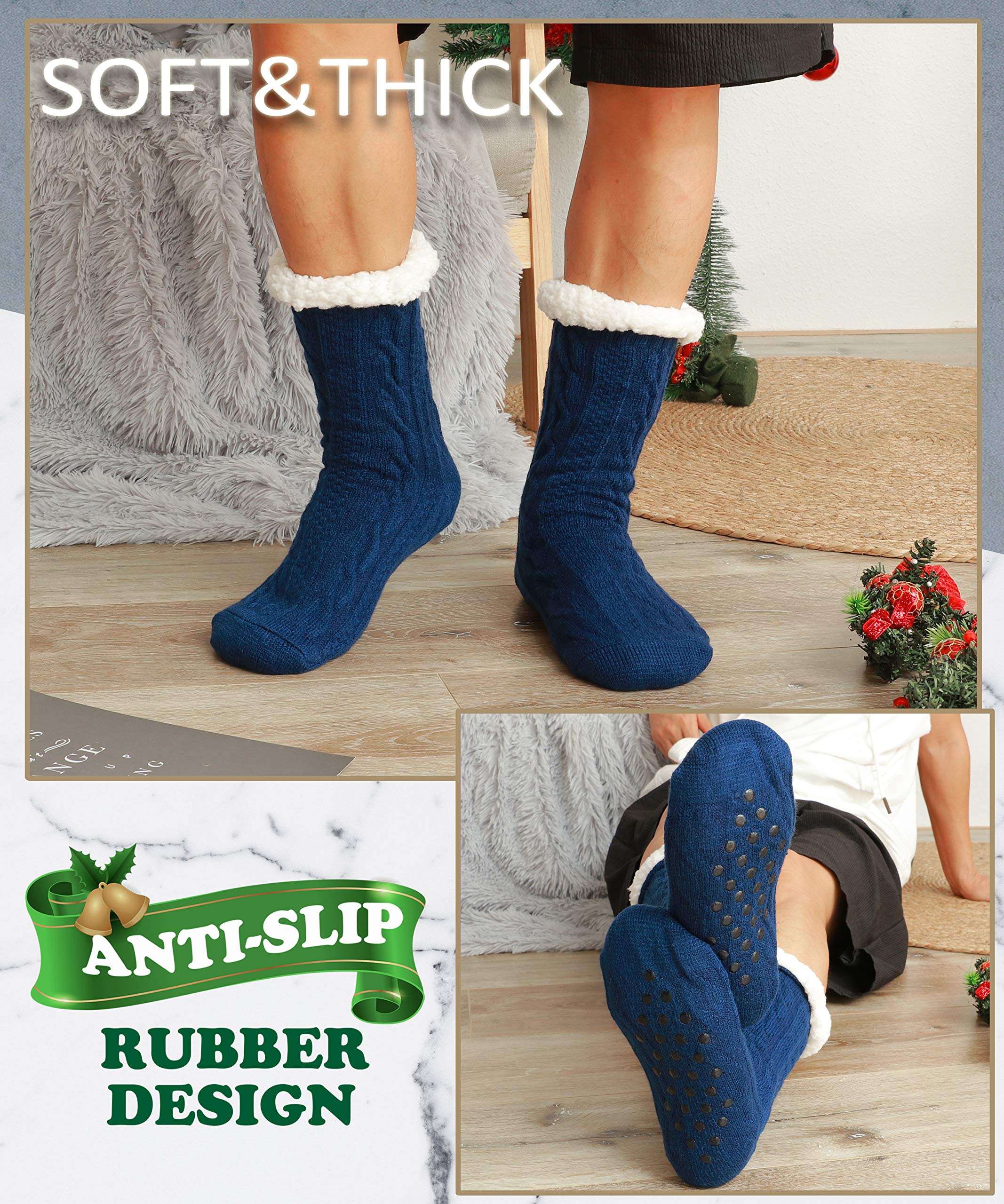 EBMORE Mens Slipper Fuzzy Socks Winter Cozy Fluffy Cabin Warm Fleece Soft Comfy Thick Non Slip Christmas Home Stocking Stuffer (Blue)