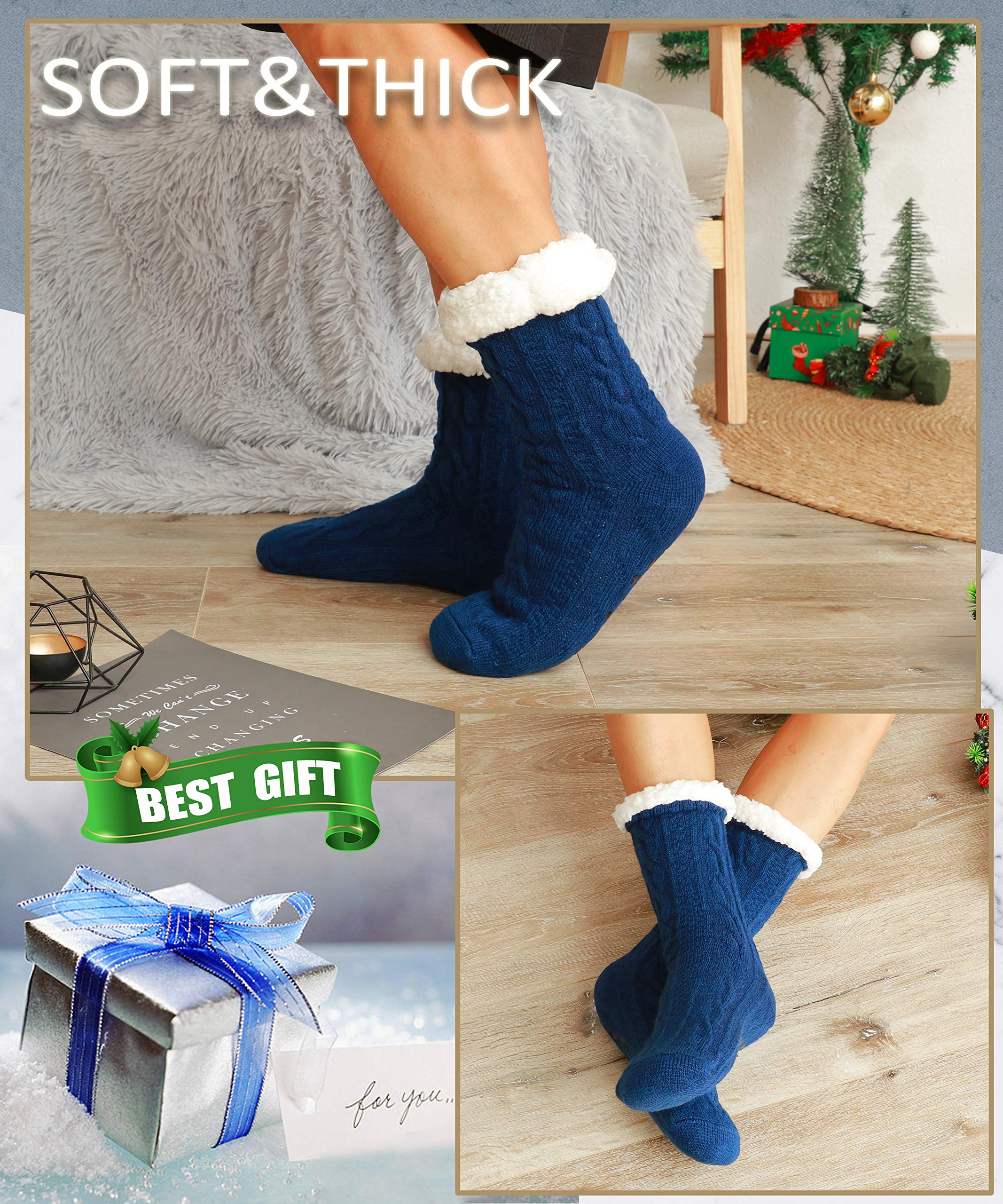EBMORE Mens Slipper Fuzzy Socks Winter Cozy Fluffy Cabin Warm Fleece Soft Comfy Thick Non Slip Christmas Home Stocking Stuffer (Blue)