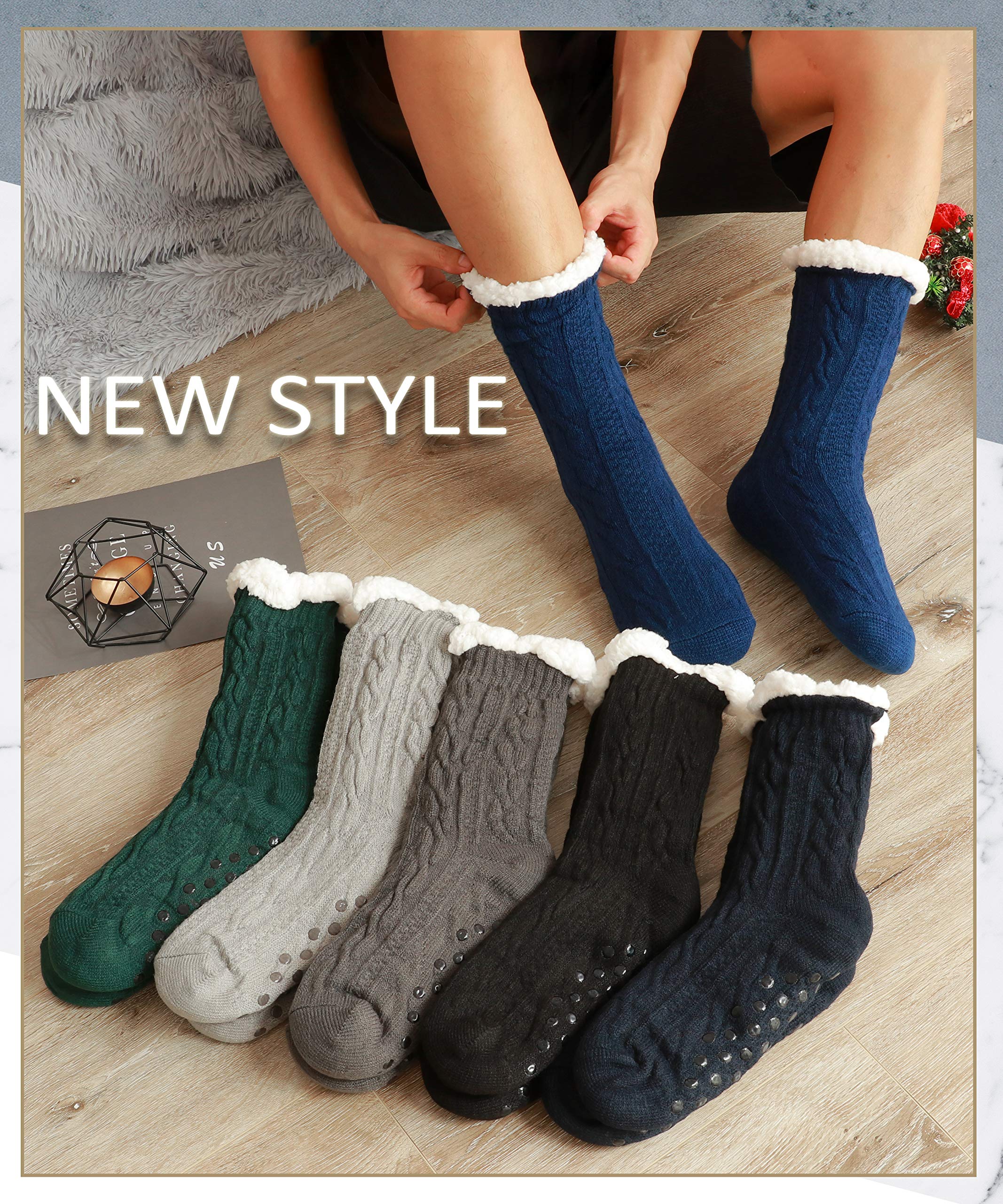 EBMORE Mens Slipper Fuzzy Socks Winter Cozy Fluffy Cabin Warm Fleece Soft Comfy Thick Non Slip Christmas Home Stocking Stuffer (Blue)