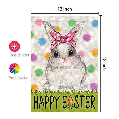 CROWNED BEAUTY Happy Easter Bunny Garden Flag 12x18 Inch Double Sided for Outside Burlap Small Polka Dots Yard Holiday Decoration CF705-12