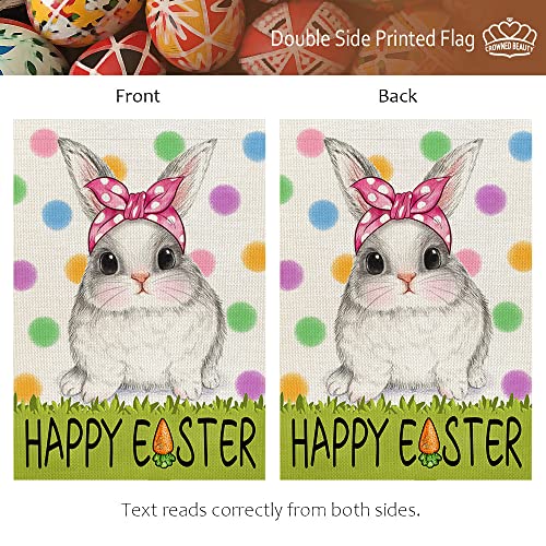 CROWNED BEAUTY Happy Easter Bunny Garden Flag 12x18 Inch Double Sided for Outside Burlap Small Polka Dots Yard Holiday Decoration CF705-12
