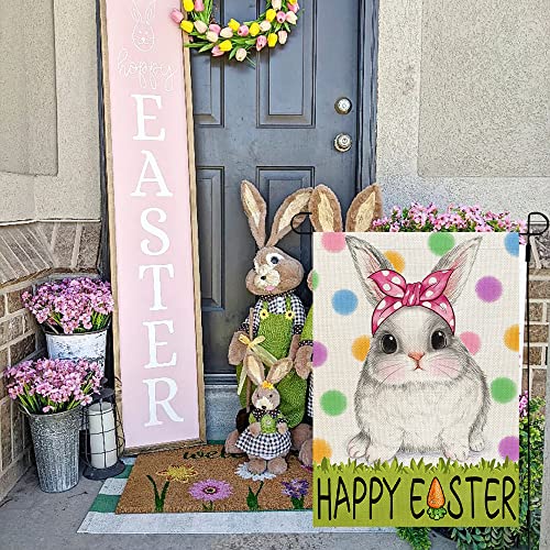 CROWNED BEAUTY Happy Easter Bunny Garden Flag 12x18 Inch Double Sided for Outside Burlap Small Polka Dots Yard Holiday Decoration CF705-12