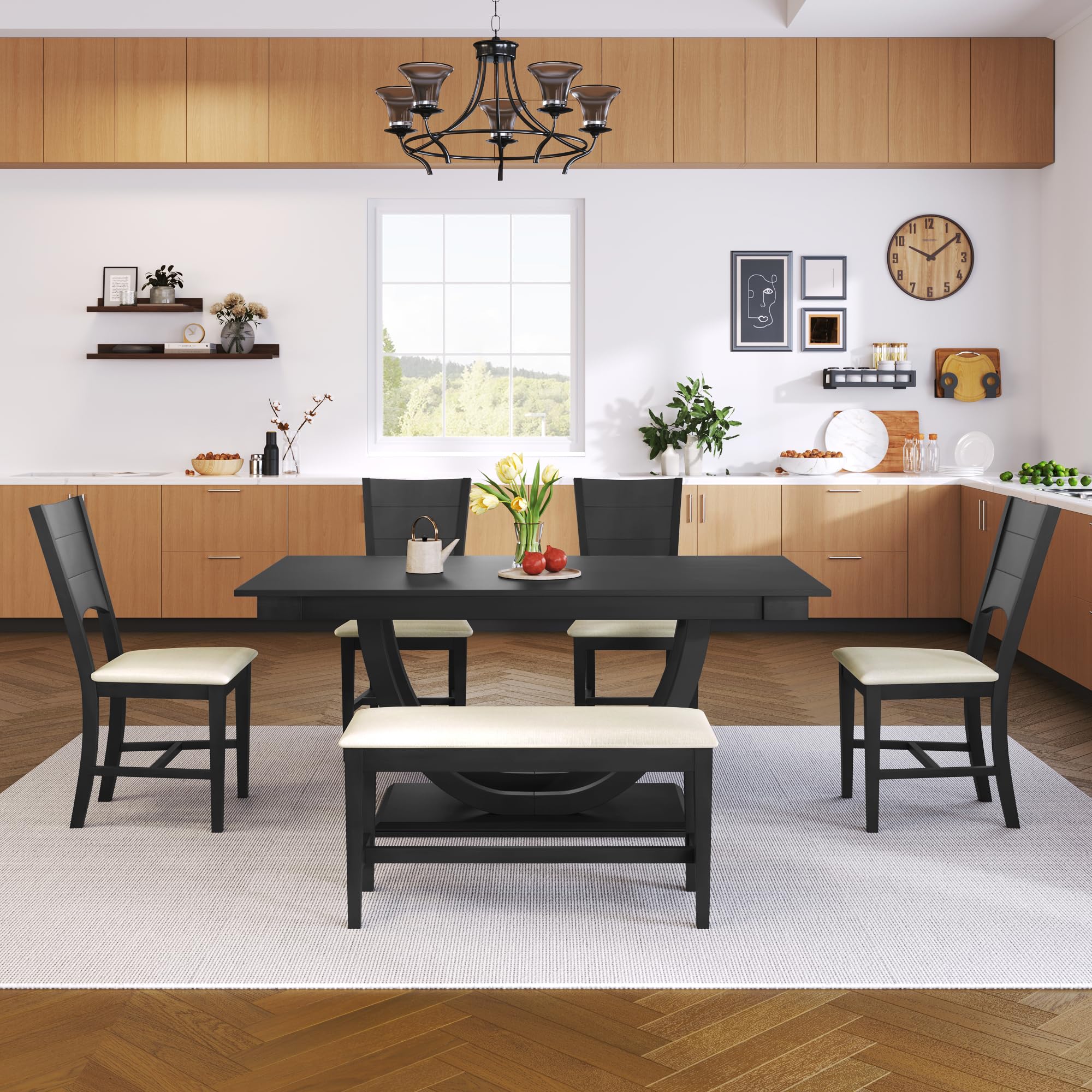 Modern Style 6-Piece Half Round Dining Table Set, Wood Kitchen Table Set with Long Bench and 4 Dining Chairs, Dining Room Table Set for 6 People, Living Room Furniture(Gray)