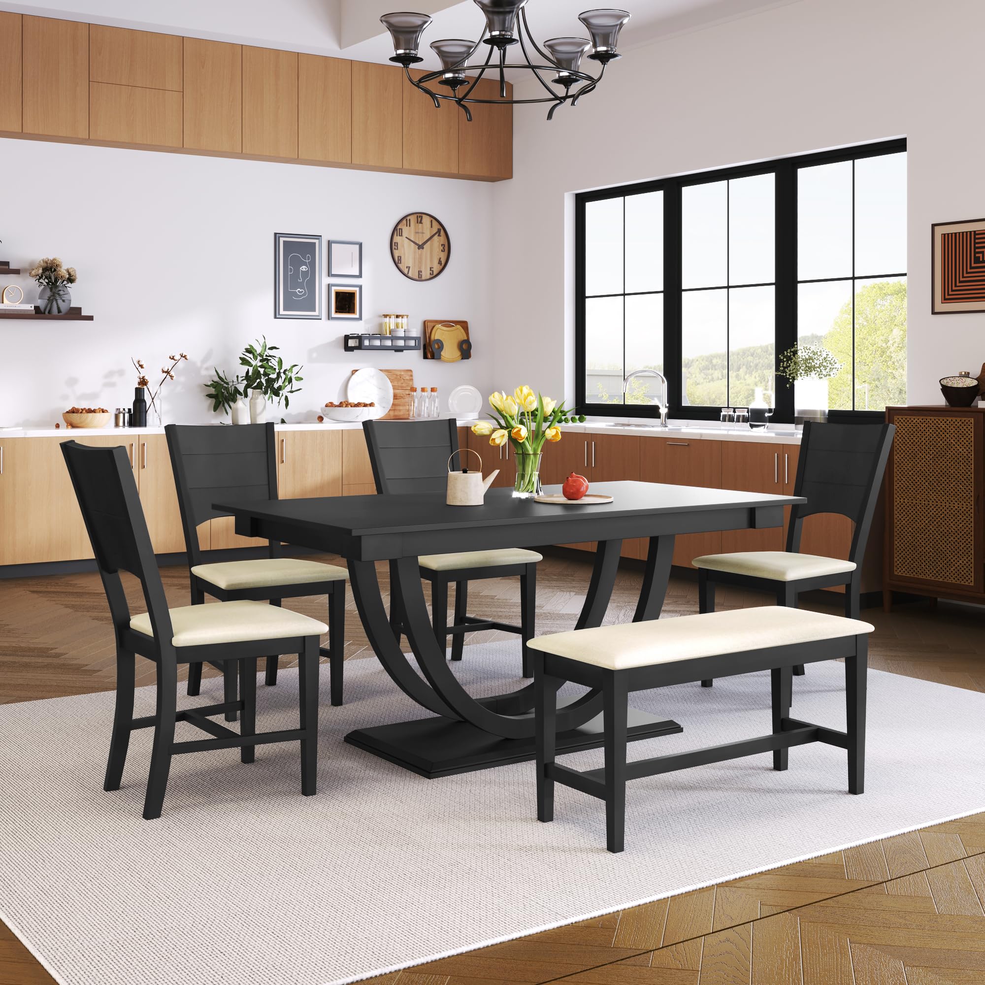 Modern Style 6-Piece Half Round Dining Table Set, Wood Kitchen Table Set with Long Bench and 4 Dining Chairs, Dining Room Table Set for 6 People, Living Room Furniture(Gray)