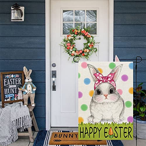 CROWNED BEAUTY Happy Easter Bunny Garden Flag 12x18 Inch Double Sided for Outside Burlap Small Polka Dots Yard Holiday Decoration CF705-12