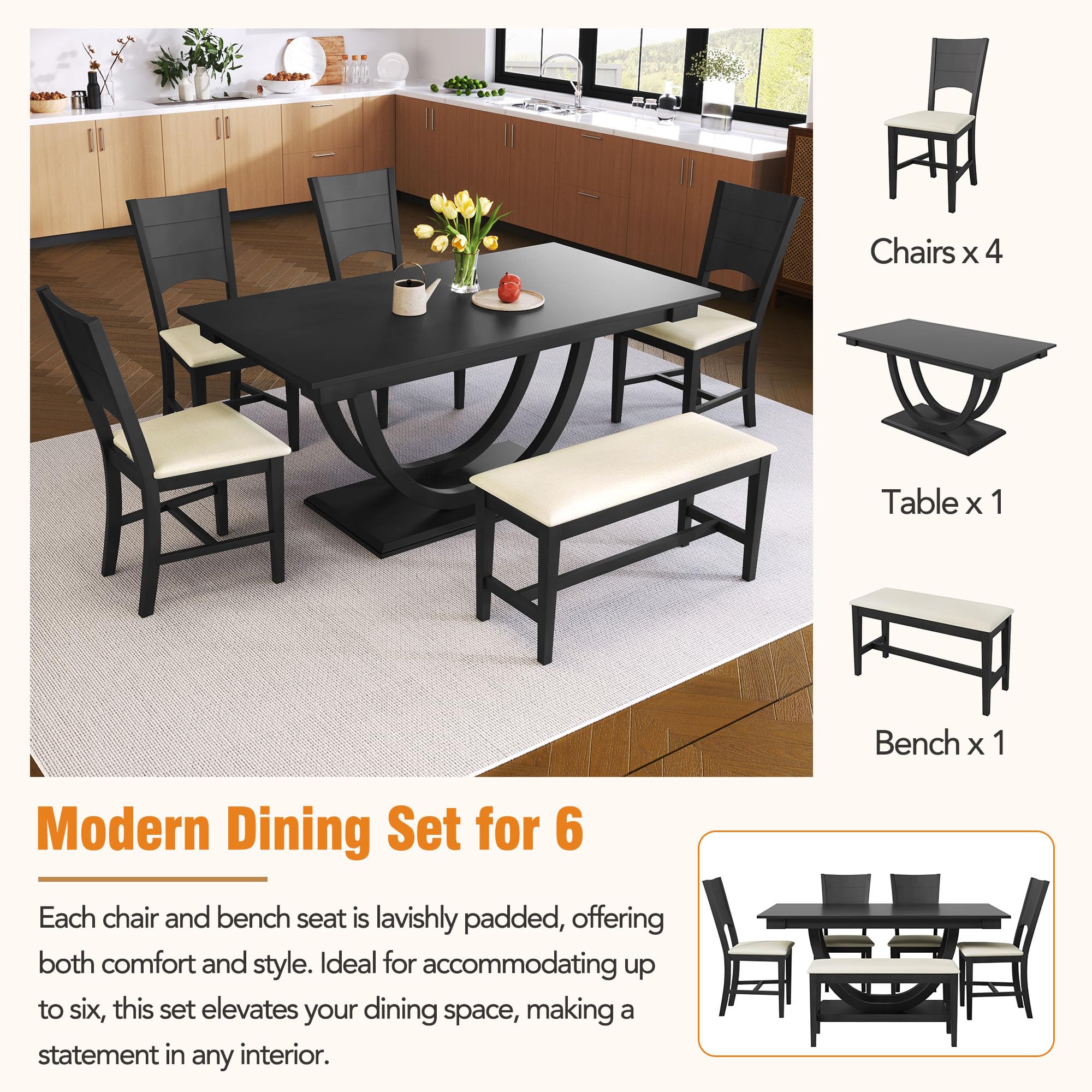 Modern Style 6-Piece Half Round Dining Table Set, Wood Kitchen Table Set with Long Bench and 4 Dining Chairs, Dining Room Table Set for 6 People, Living Room Furniture(Gray)