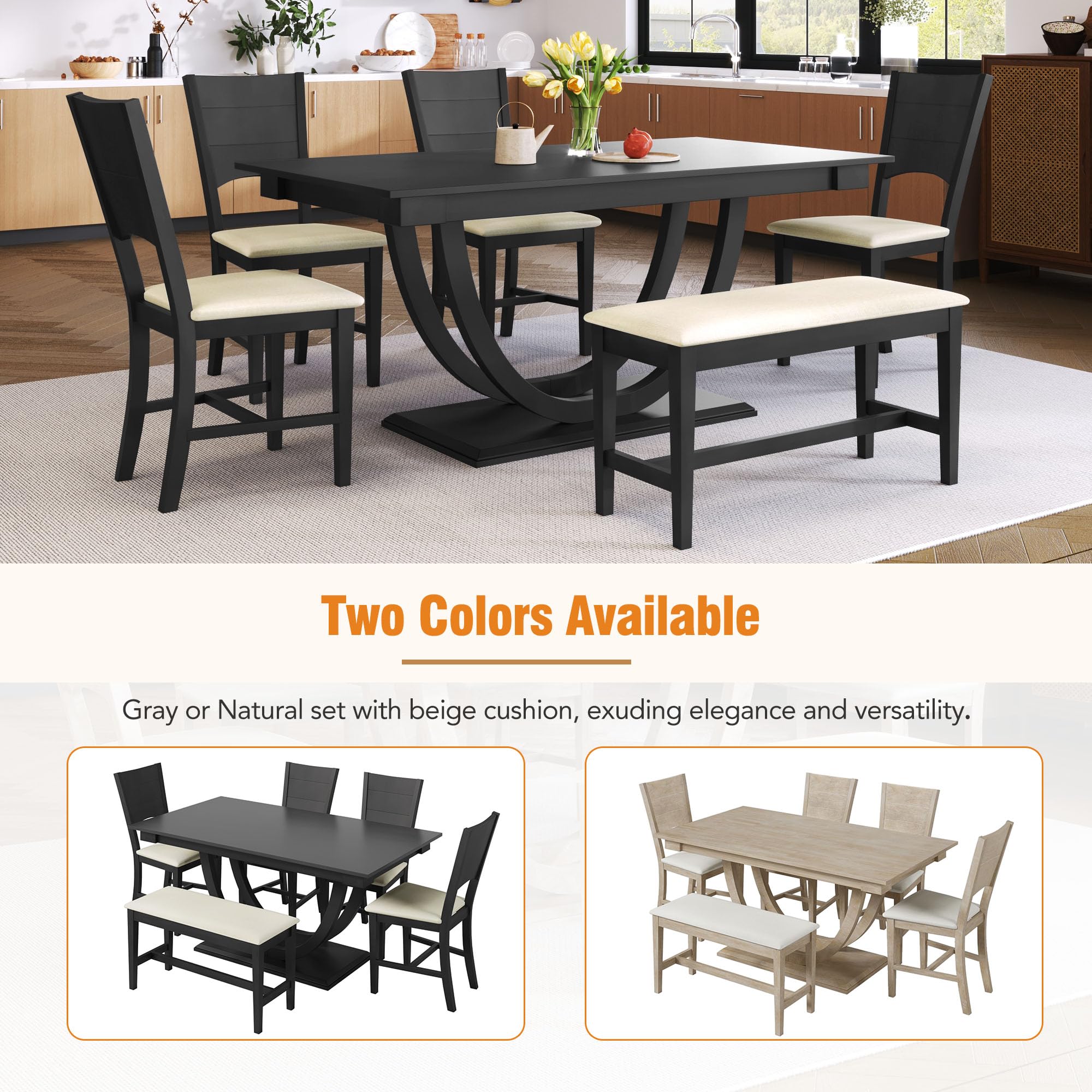 Modern Style 6-Piece Half Round Dining Table Set, Wood Kitchen Table Set with Long Bench and 4 Dining Chairs, Dining Room Table Set for 6 People, Living Room Furniture(Gray)