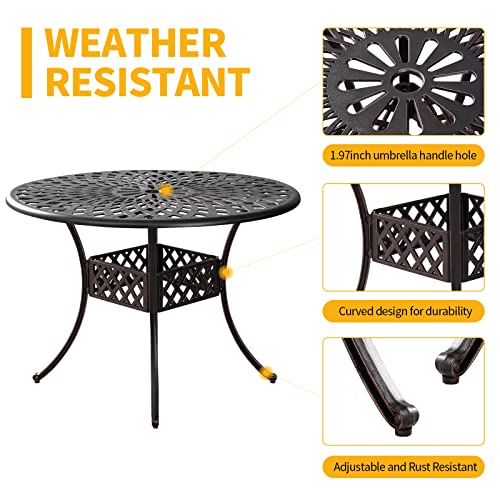 Withniture 42 Inch Cast Aluminum Patio Table,Outdoor Dining Table,Round Patio Bistro Table with Umbrella Hole Conversation Table,for Garden,Patio,Yard(Antique Bronze)