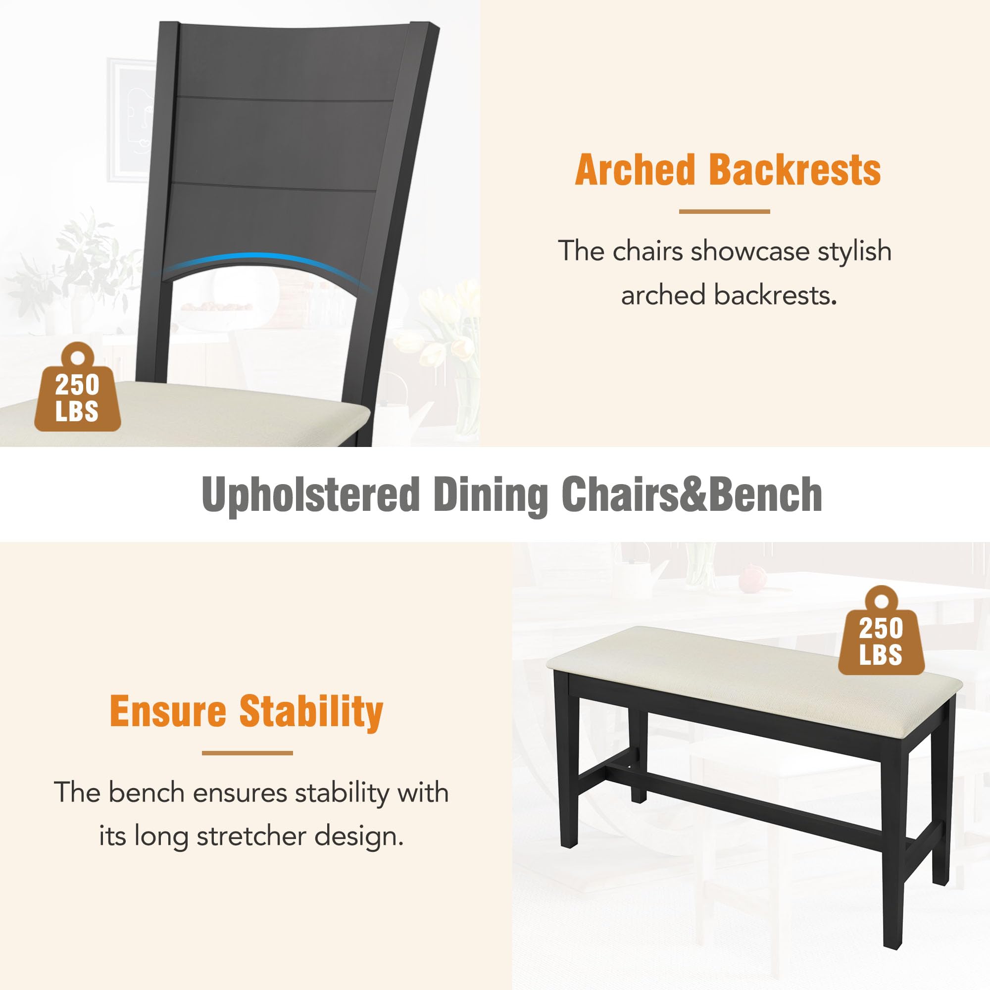 Modern Style 6-Piece Half Round Dining Table Set, Wood Kitchen Table Set with Long Bench and 4 Dining Chairs, Dining Room Table Set for 6 People, Living Room Furniture(Gray)