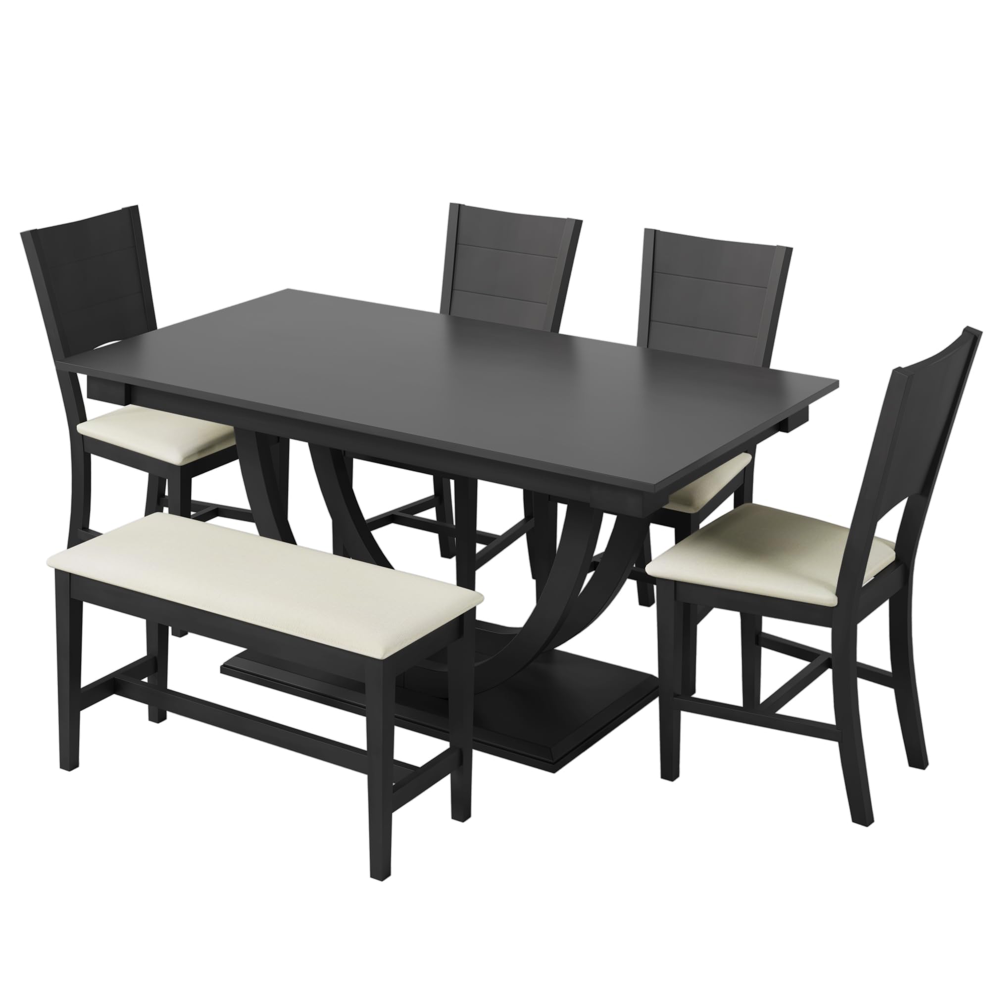 Modern Style 6-Piece Half Round Dining Table Set, Wood Kitchen Table Set with Long Bench and 4 Dining Chairs, Dining Room Table Set for 6 People, Living Room Furniture(Gray)