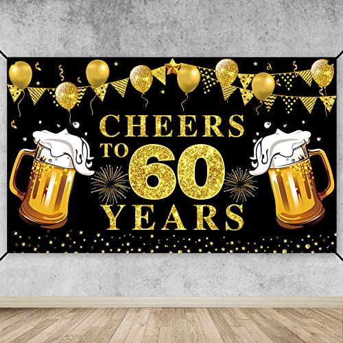 Large Cheers to 60 Years Banner Backdrop, Black Gold Happy 60th Birthday Decorations, 60 Anniversary Photo Background Poster Sign Party Supplies(72.8 x 43.3 inch)