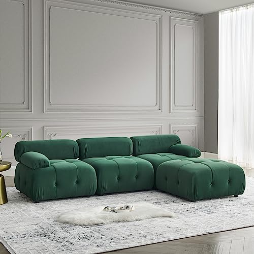 ERYE DIY Combination w/3 Single Seats and Movable Ottoman, Modern Convertible Modular Sofa & Couch Cloud Deep Seater Sofá, 93", Green Velvet Button Tufted