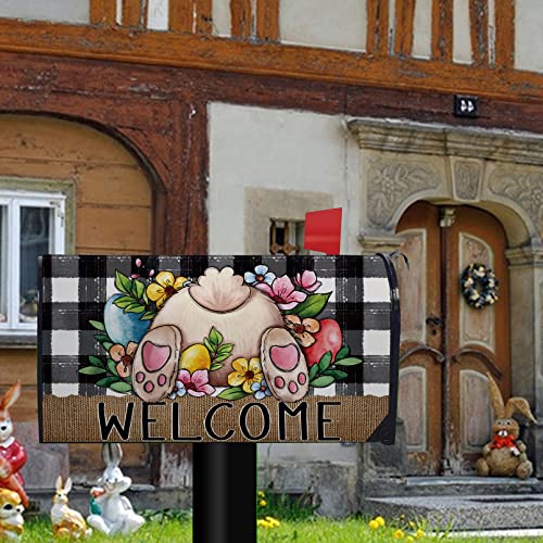 FBCOO Welcome Easter Bunny Rabbit Mailbox Cover Magnetic Standard Size 21" x 19", Eggs Buffalo Plaid Check Decorative Post Letter Box Wrap Decor Funny Farmhouse Garden Yard Outdoor Decoration