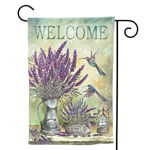 Lavender Flower Garden Flag Double Sided, Funny Hummingbird Bird Welcome Yard Flags for Outdoor Porch Lawn Home Decor 12 x 18 Inch