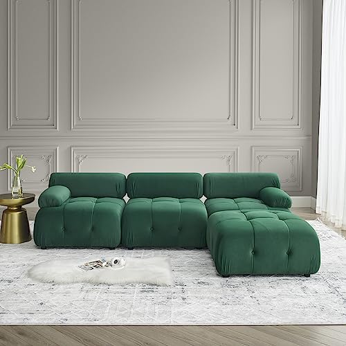 ERYE DIY Combination w/3 Single Seats and Movable Ottoman, Modern Convertible Modular Sofa & Couch Cloud Deep Seater Sofá, 93", Green Velvet Button Tufted