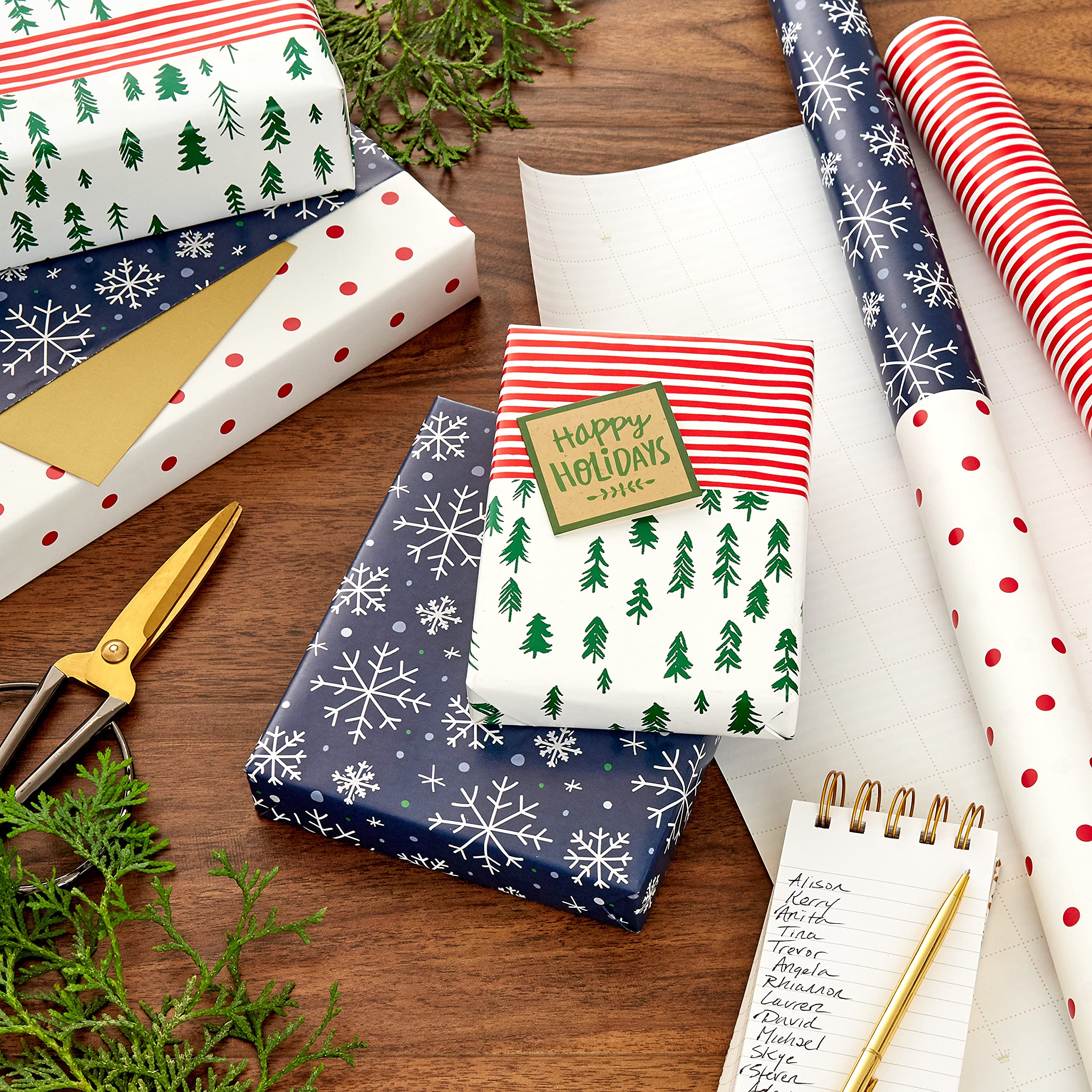 Hallmark Christmas Wrapping Paper Jumbo Rolls with Cut Lines on Reverse (2 Rolls, 4 Designs: 160 Sq. Ft. Ttl) Red Dots on White, Snowflakes on Navy, Red and White Stripes, Evergreen Trees