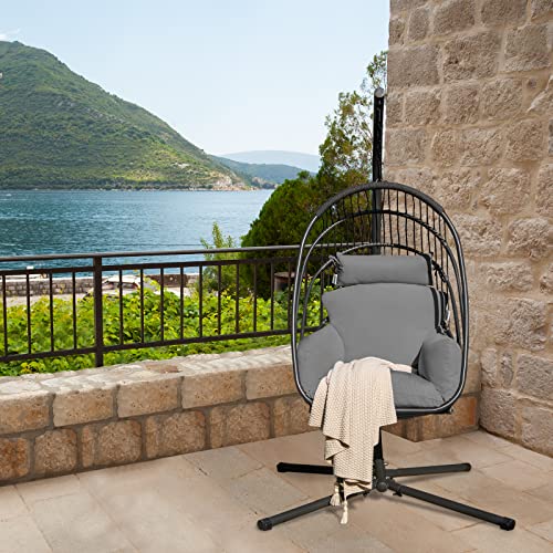 Giantex Egg Chair Hammock Stand - Hanging Swing with Stand, Folding Swinging Chair with Soft Cushion & Pillow, Wicker Rattan Hanging Chair for Bedroom,Garden, Patio Foldable Hammock Chair (Grey)