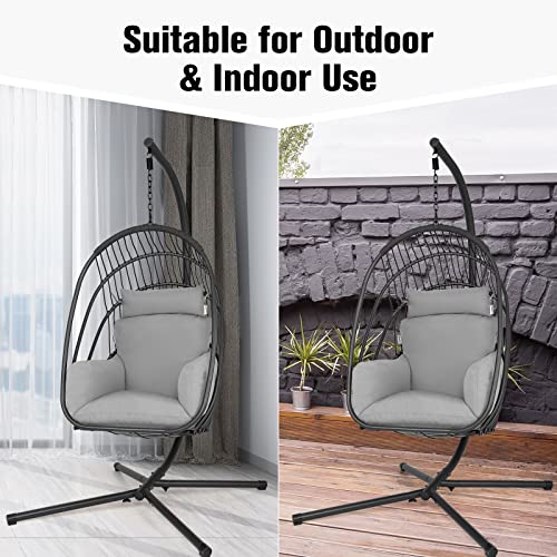 Giantex Egg Chair Hammock Stand - Hanging Swing with Stand, Folding Swinging Chair with Soft Cushion & Pillow, Wicker Rattan Hanging Chair for Bedroom,Garden, Patio Foldable Hammock Chair (Grey)