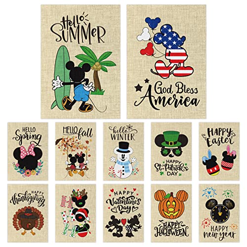 D1resion 12Pcs Seasonal Garden Flag Set Cartoon Mouse Burlap Yard Flags Double Sided Print House Flag Outdoor Holiday Decorations for Autumn Halloween Thanksgiving Christmas New Year 12.4 X 18.1 In
