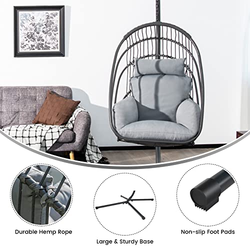Giantex Egg Chair Hammock Stand - Hanging Swing with Stand, Folding Swinging Chair with Soft Cushion & Pillow, Wicker Rattan Hanging Chair for Bedroom,Garden, Patio Foldable Hammock Chair (Grey)