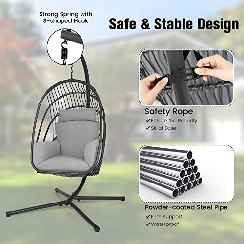 Giantex Egg Chair Hammock Stand - Hanging Swing with Stand, Folding Swinging Chair with Soft Cushion & Pillow, Wicker Rattan Hanging Chair for Bedroom,Garden, Patio Foldable Hammock Chair (Grey)