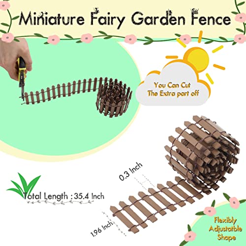 Robkea, 36 Inch Mini Fence Fairy Garden Fence & Waterproof LED 40FT 100 LED Solar String Lights with 8 Lighting Modes | Fairy Garden Accessories Outdoor(Brown)