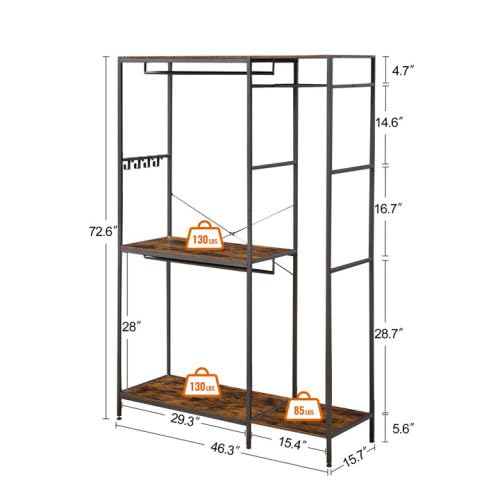 Wekity Freestanding Closet Organizer Heavy Duty, Closet Clothes Organizer, Freestanding Closet Organizer System, Holds 350 Lbs Metal Closet Rack, Clothes Rack (Rustic Brown)