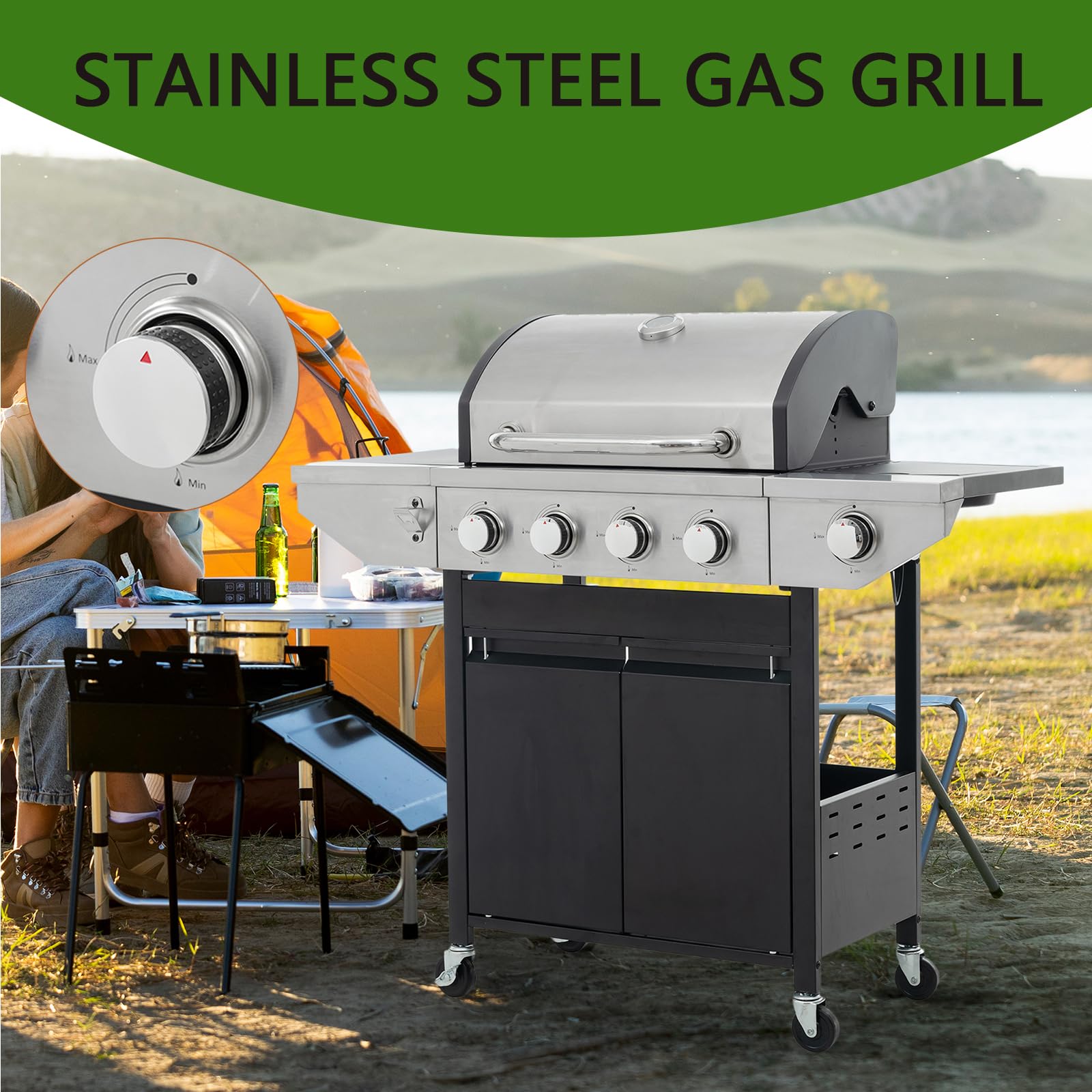 4-Burners Propane Gas BBQ Grill with Side Burner and Thermometer, Cart Style Outdoor Stainless Steel Cooking Barbecue Propane Grill for Backyard Barbecue Camping
