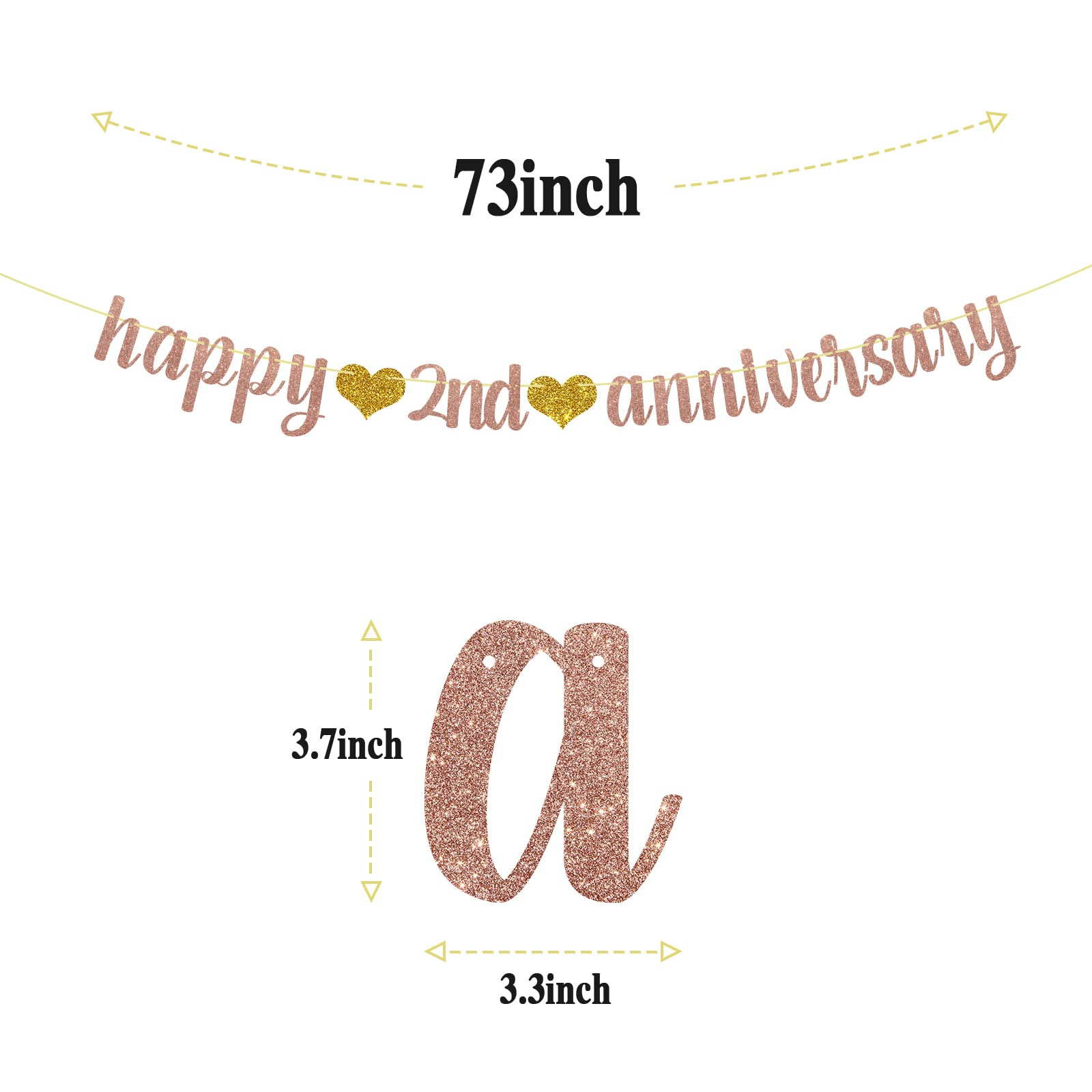 Rose Gold Glitter Happy 2nd Anniversary Banner, 2nd Wedding Anniversary Party Decorations Suppilies, Cheers to 2 Year Banner (2nd)