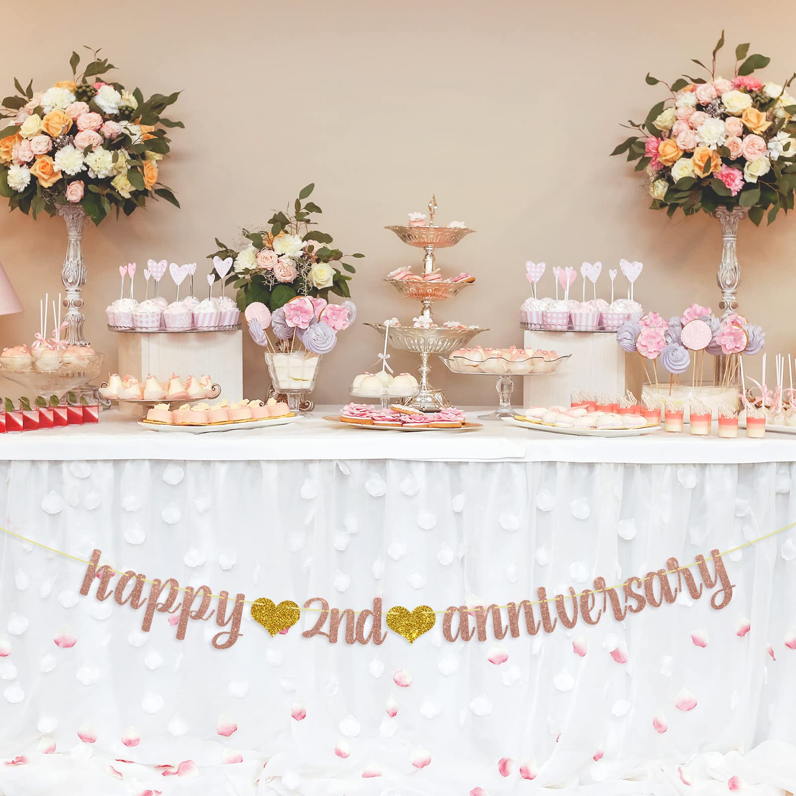 Rose Gold Glitter Happy 2nd Anniversary Banner, 2nd Wedding Anniversary Party Decorations Suppilies, Cheers to 2 Year Banner (2nd)