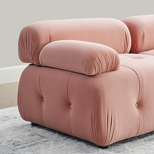 FANYE Pink Velvet Button Tufted L-Shaped Comfy Cute Sectional Sofa Couch DIY Combination w/3 Single Seats and Movable Ottoman, Modern Convertible Modular Sofa&Couch Cloud Deep Seater Sofá, 93"