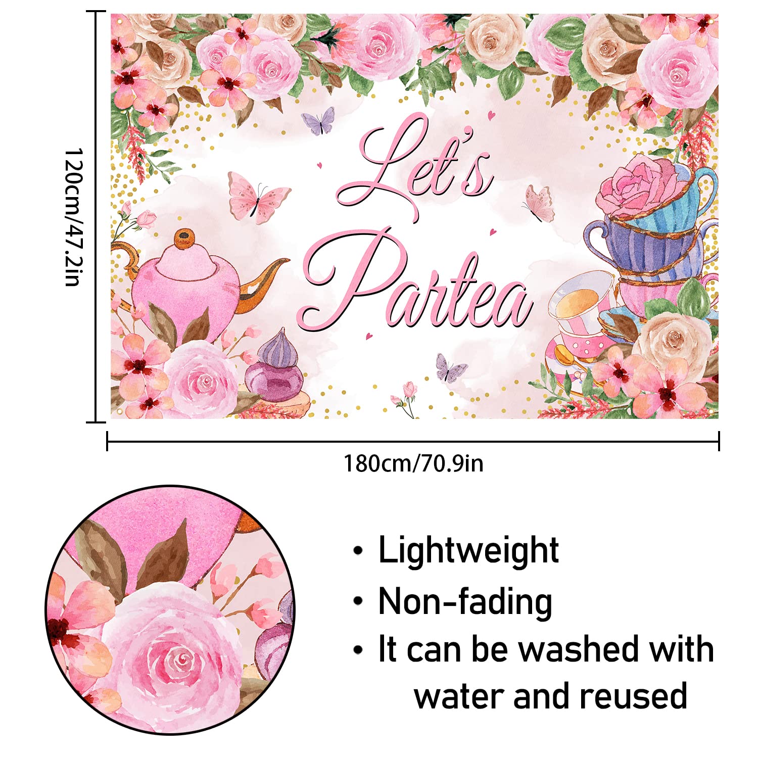 Let's Partea Backdrop Banner Decor Pink - Floral Tea Theme Happy Birthday Party Decorations for Women Girls Supplies