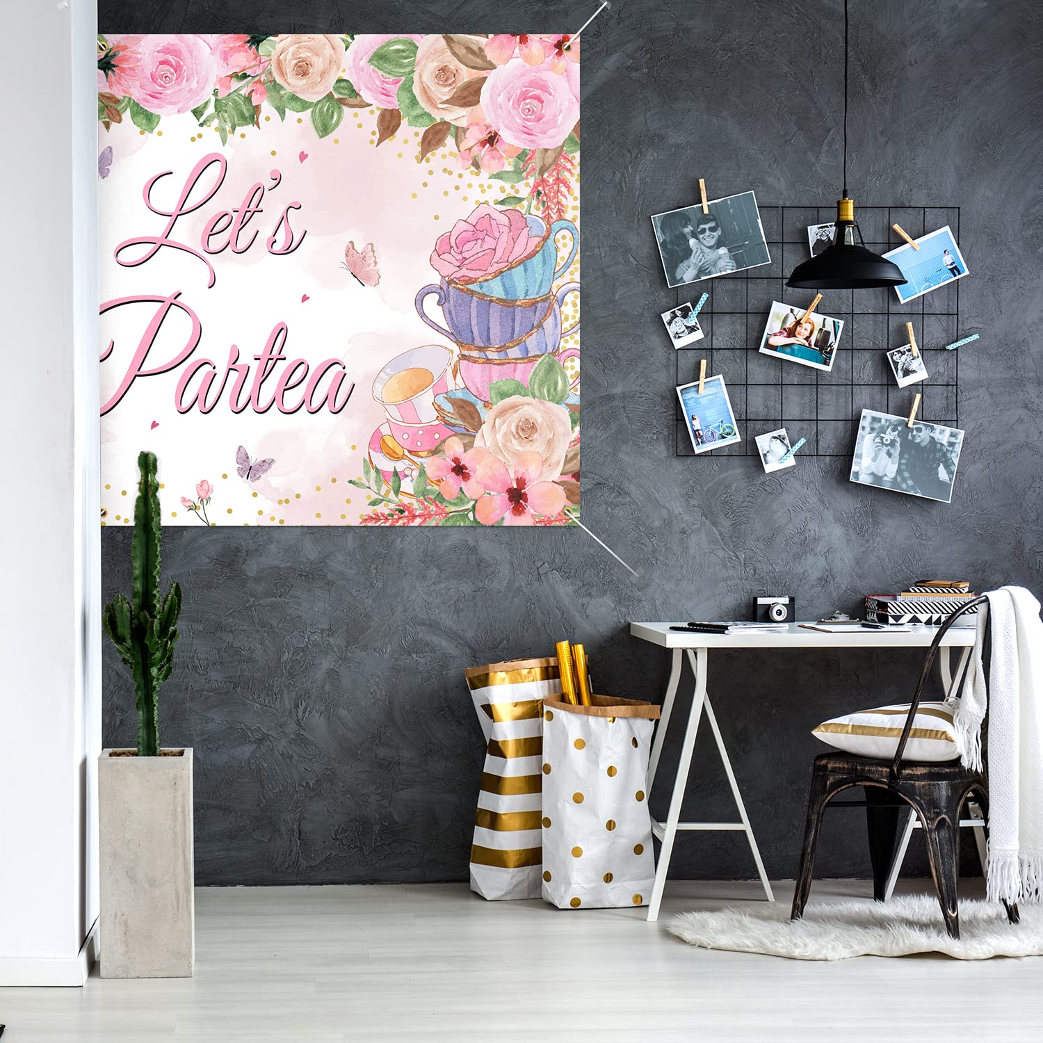 Let's Partea Backdrop Banner Decor Pink - Floral Tea Theme Happy Birthday Party Decorations for Women Girls Supplies