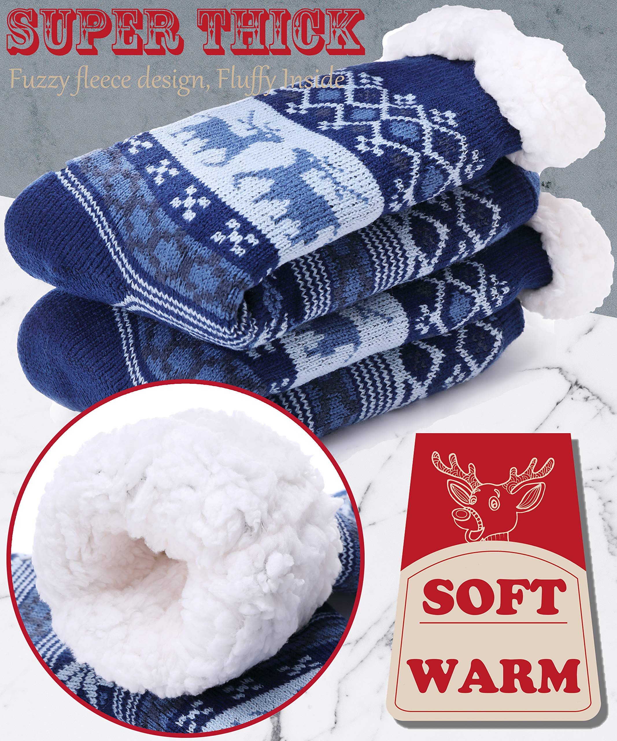 EBMORE Mens Slipper Fuzzy Socks Fluffy Winter Cabin Cozy Warm Soft Fleece Thick Comfy Christmas Gift Stocking Stuffers with Grips(Blue Deer)