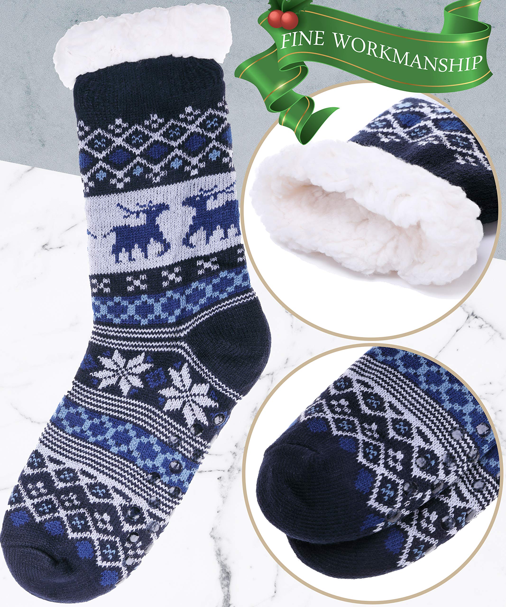 EBMORE Mens Slipper Fuzzy Socks Fluffy Winter Cabin Cozy Warm Soft Fleece Thick Comfy Christmas Gift Stocking Stuffers with Grips(Blue Deer)