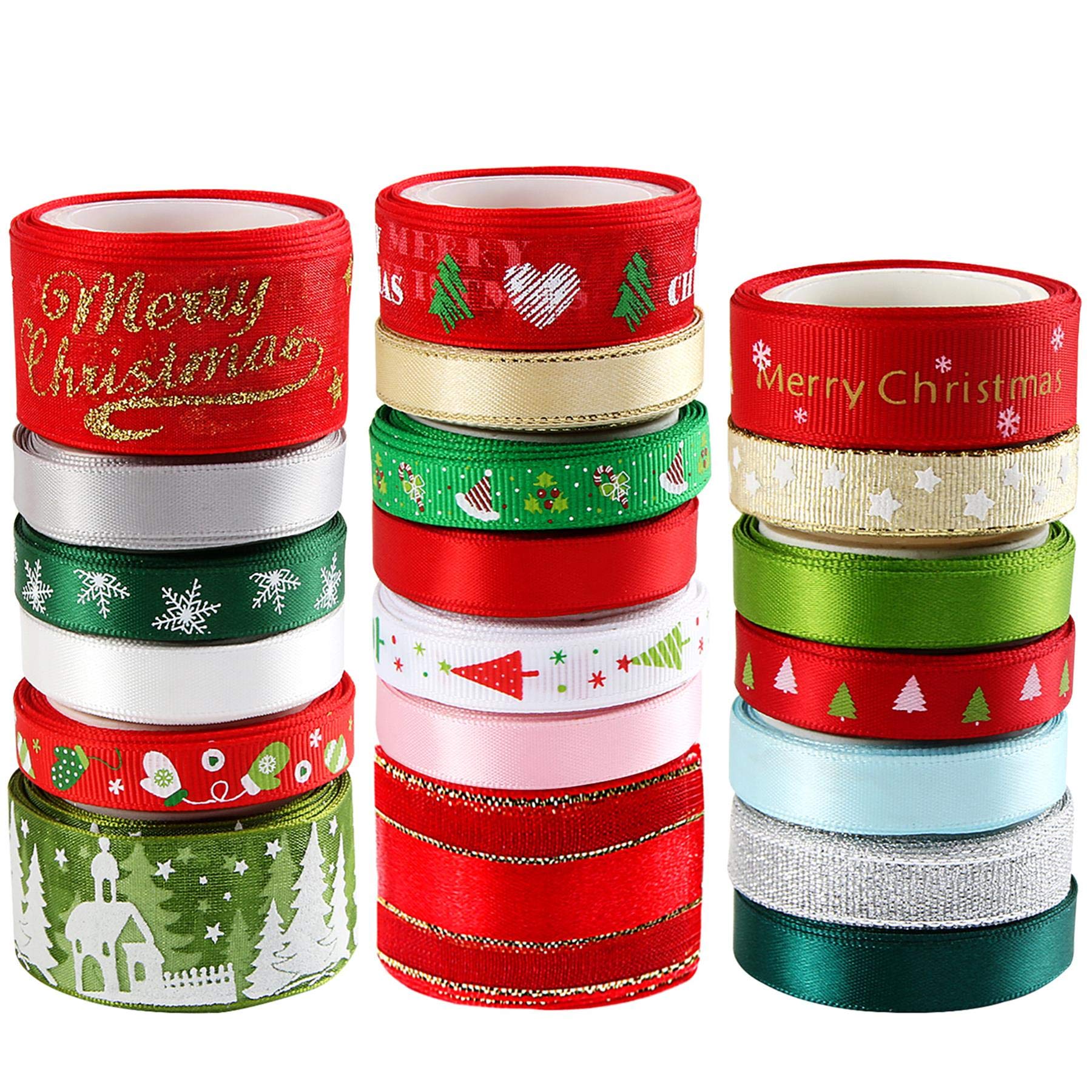 20 Pieces 3 Size Christmas Ribbons for Craft Holiday Printed Grosgrain Organza Satin Ribbons Metallic Glitter Fabric Ribbons Bulk Gift Wrapping Bow(20x2yd)