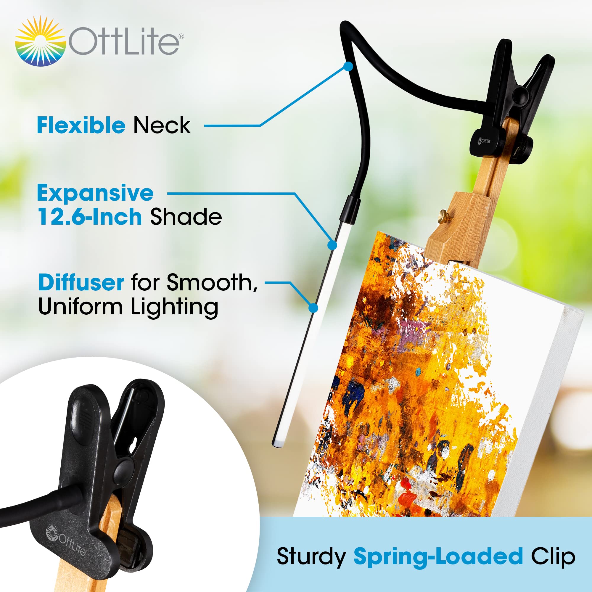 OttLite Easel Clip-On LED Easel Lamp with ClearSun LED Technology - Sturdy Clip Light with On/Off Switch Cord - Adjustable & Flexible Neck for Precise Lighting, Piano, Computer Desks, Shelves & Tables