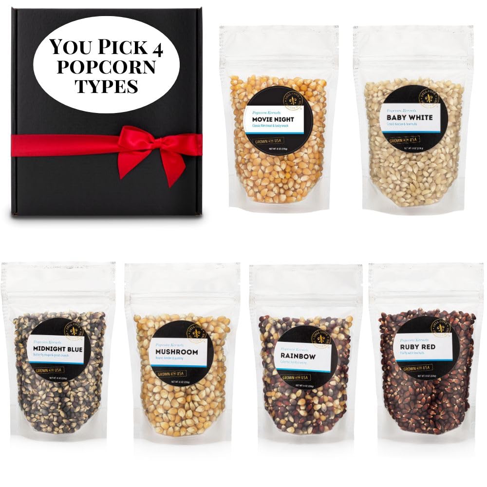 Custom Movie Popcorn Gift Set – Pick Your Set of 4 | Variety Popcorn Kernel Gift Set | Non-GMO Snacks & Gluten Free Popcorn + Accessories with Ready Black Gift Box by Dell Cove Spices and More