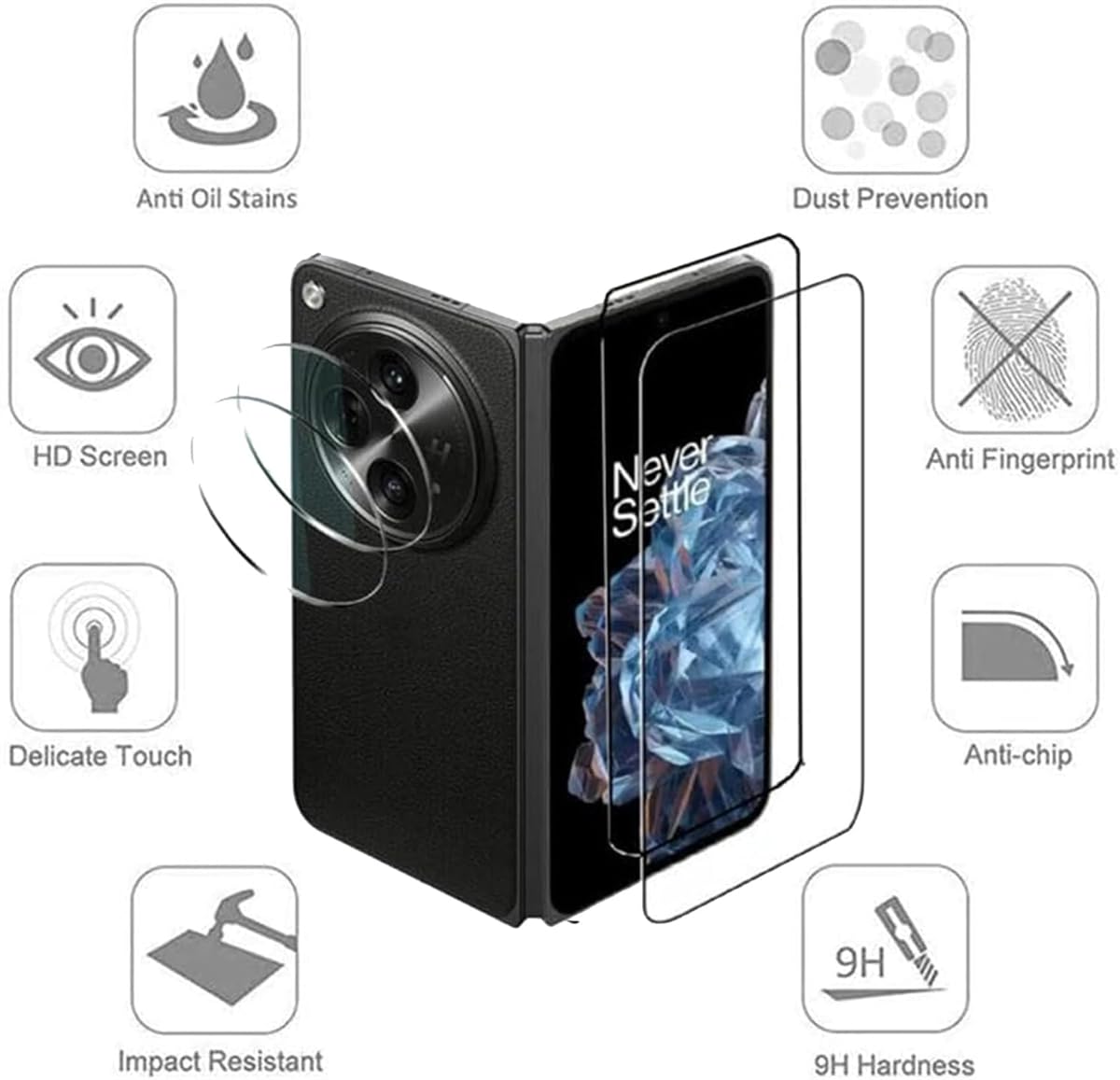 Yiushing For OnePlus Open Tempered Glass Front Screen Protector + Camera Lens Protector, 9H Hardness Anti-Scratch Tempered Glass Screen Protector Film (2+2 Pcs)