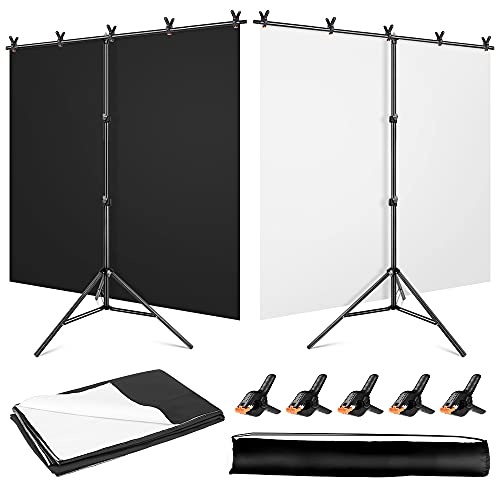 YAYOYA Black White Backdrop Screen with Stand Kit 5x6.5ft for Photo Video Studio, 2-in-1 Revisible Black Backdrop White Screen with T-Shaped Photography Background Support Stand and 5 Backdrop Clamps