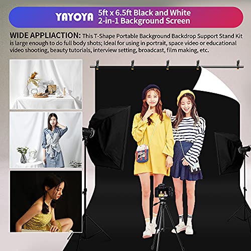 YAYOYA Black White Backdrop Screen with Stand Kit 5x6.5ft for Photo Video Studio, 2-in-1 Revisible Black Backdrop White Screen with T-Shaped Photography Background Support Stand and 5 Backdrop Clamps